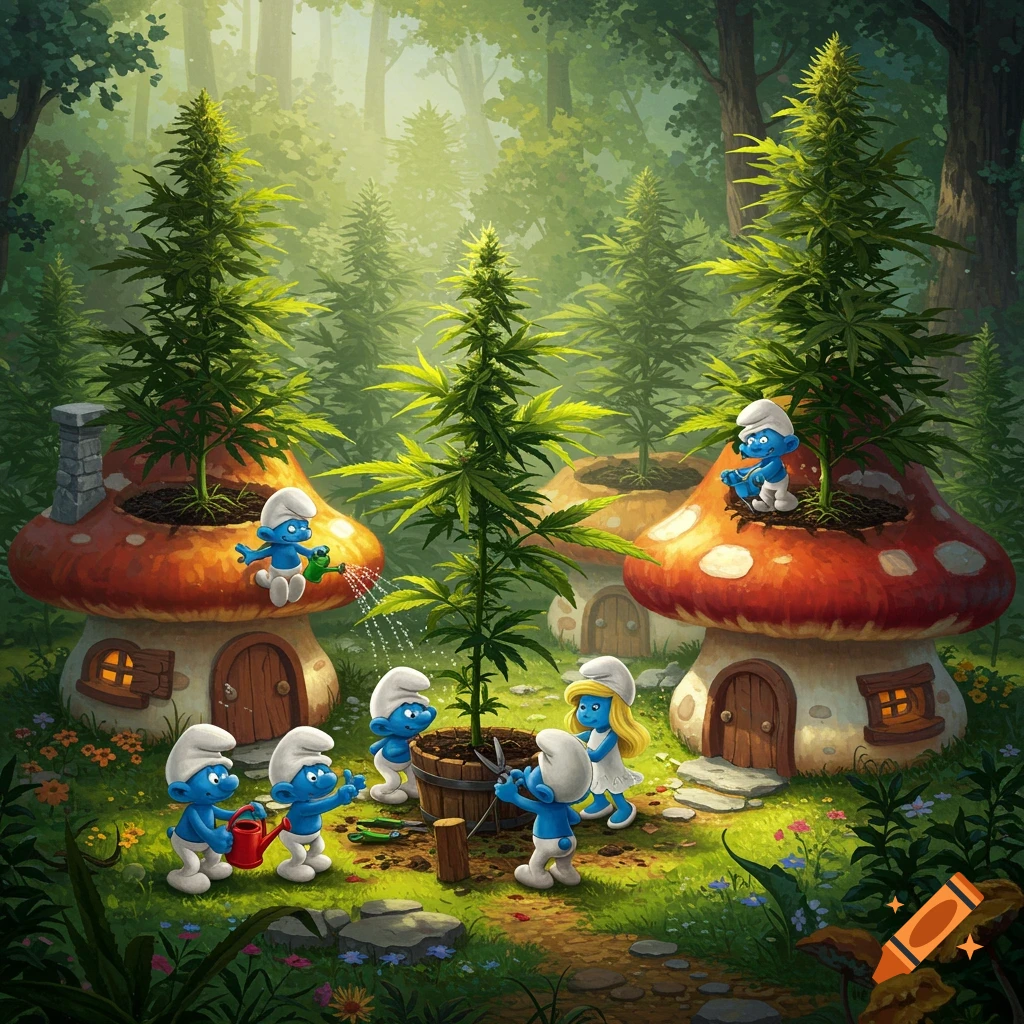 A vibrant cartoon village with colorful mushroom houses and numerous ...