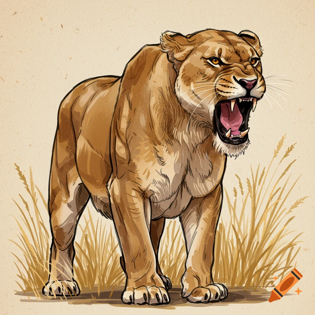 A sketch illustration of a roaring lioness standing in grass. on Craiyon