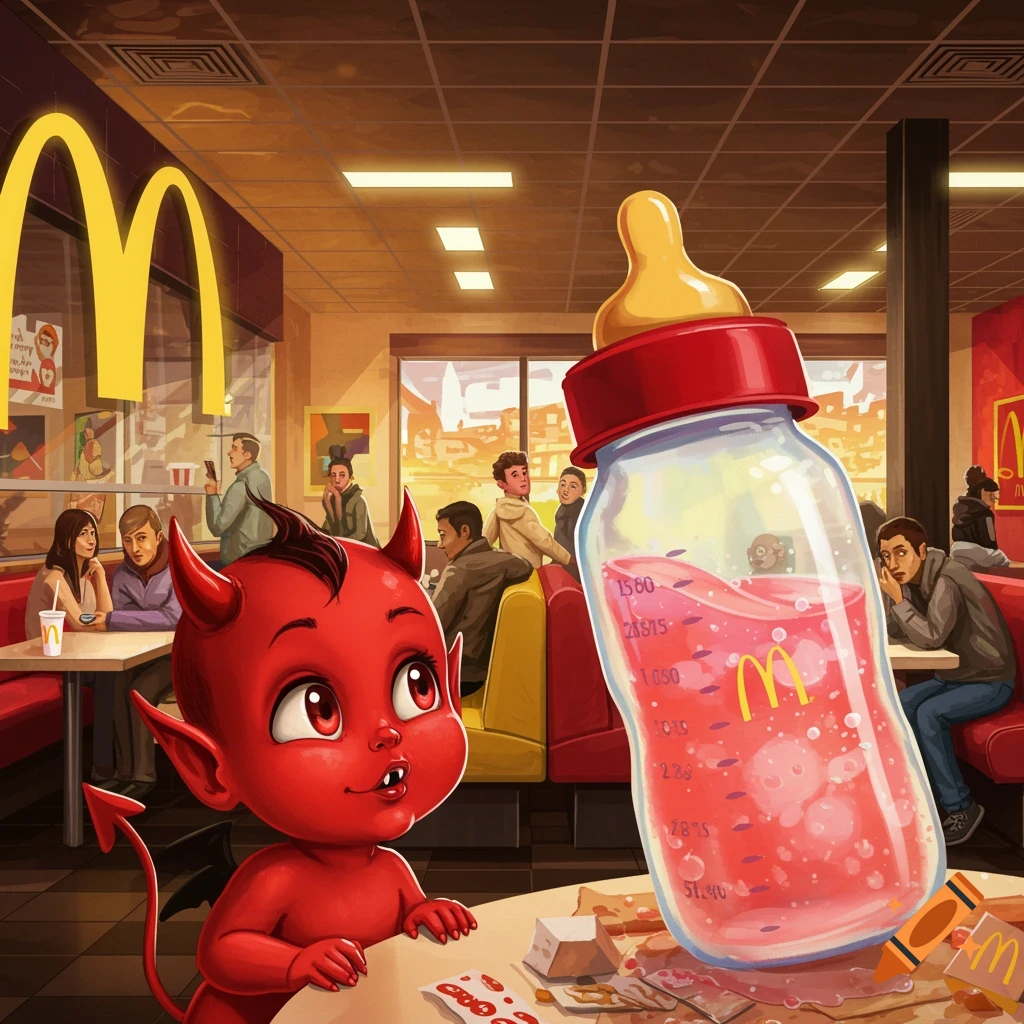 Cartoon illustration of a red devil baby looking at a giant baby bottle in a McDonald's ...