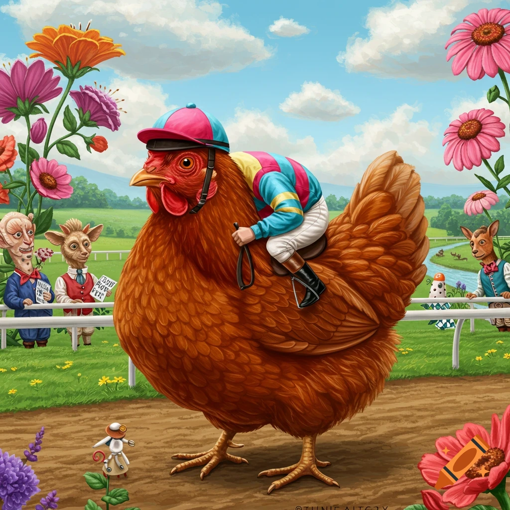 A jockey is riding a large brown chicken down a racetrack ...