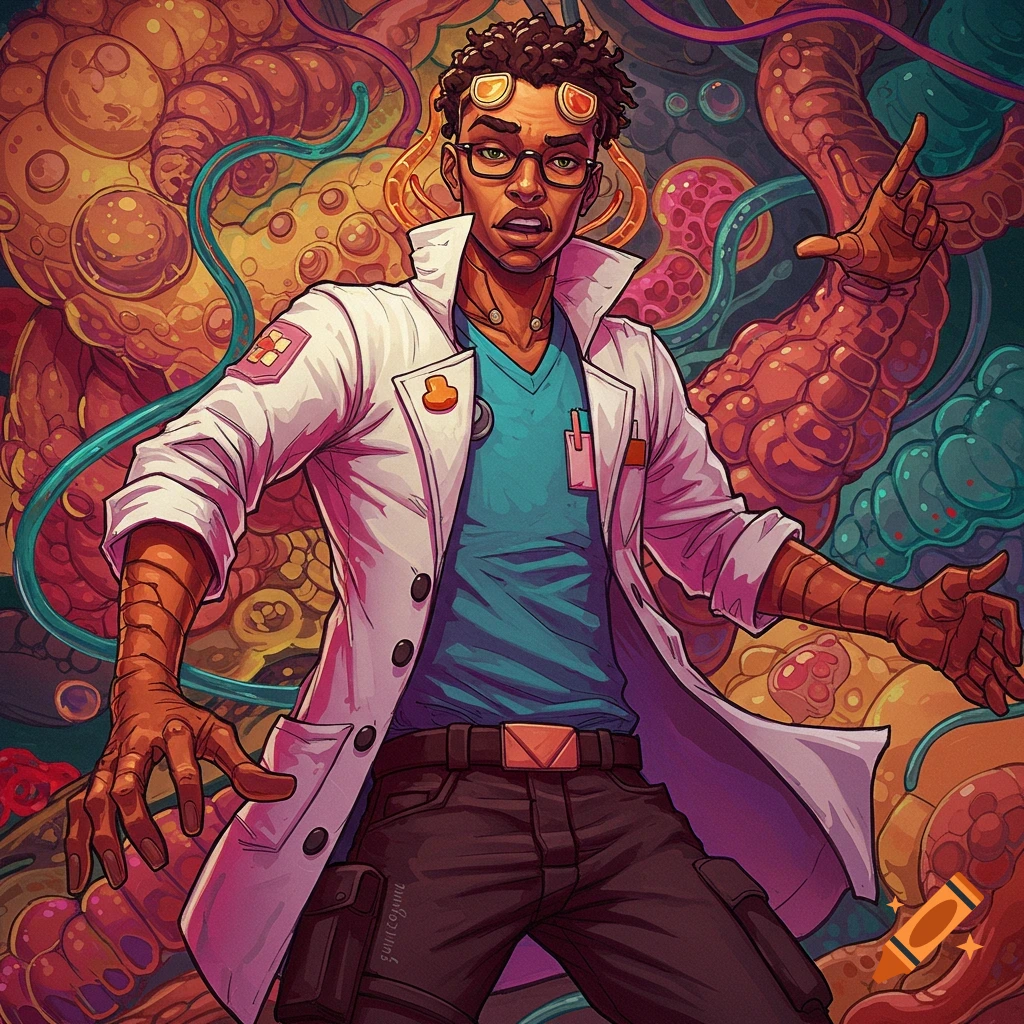 A stylized cartoon illustration of a male scientist standing in front ...