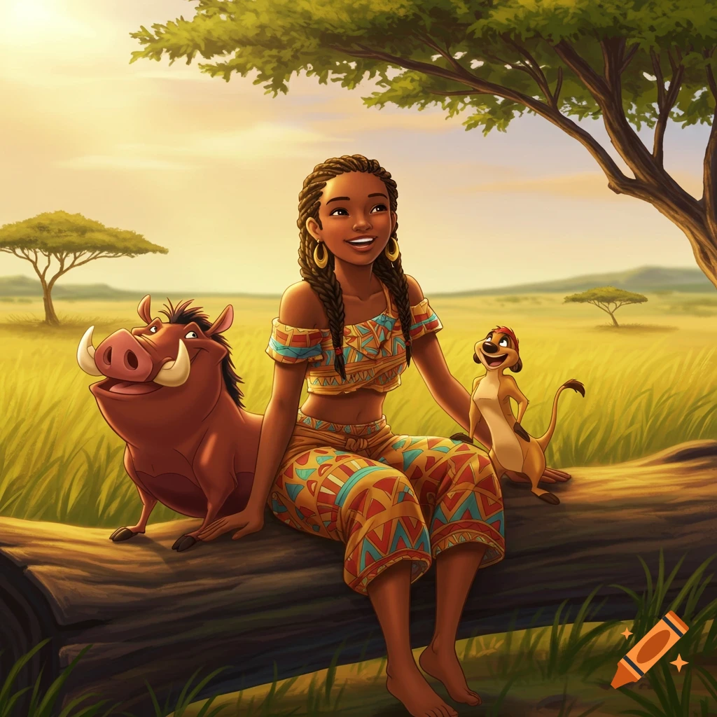 Hakuna Matata scene from The Lion King with a woman on the log on Craiyon