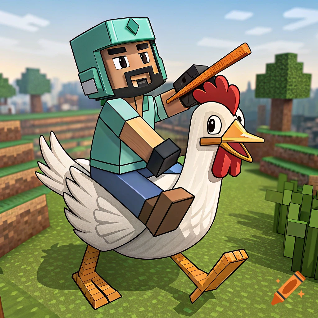 A blocky, realistic chicken with a small, green baby zombie riding on ...