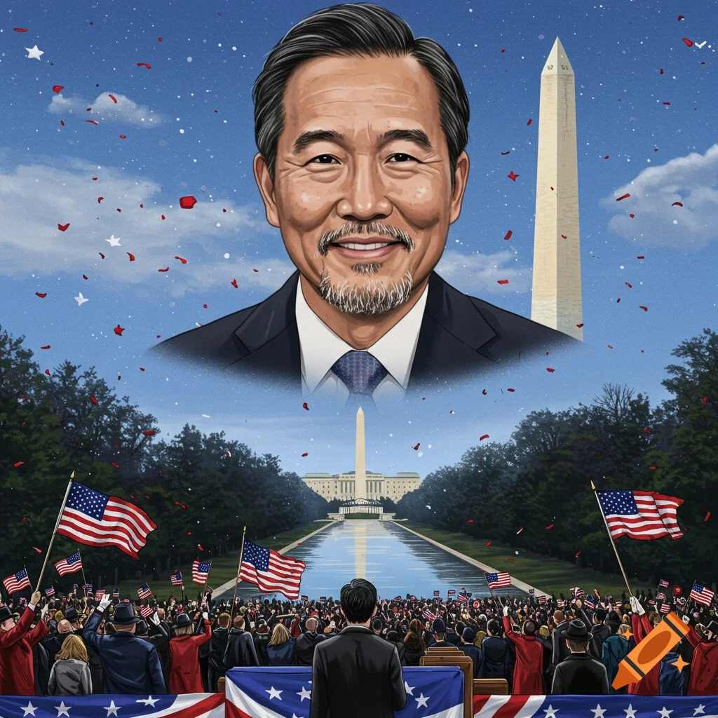 A man's portrait floats above a crowd with US flags at the Reflecting ...