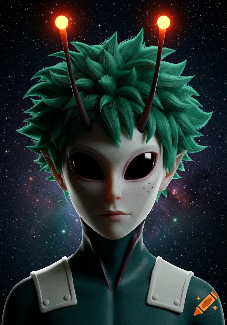 Deku as an alien with green eyes, black antennae, and pale green skin ...