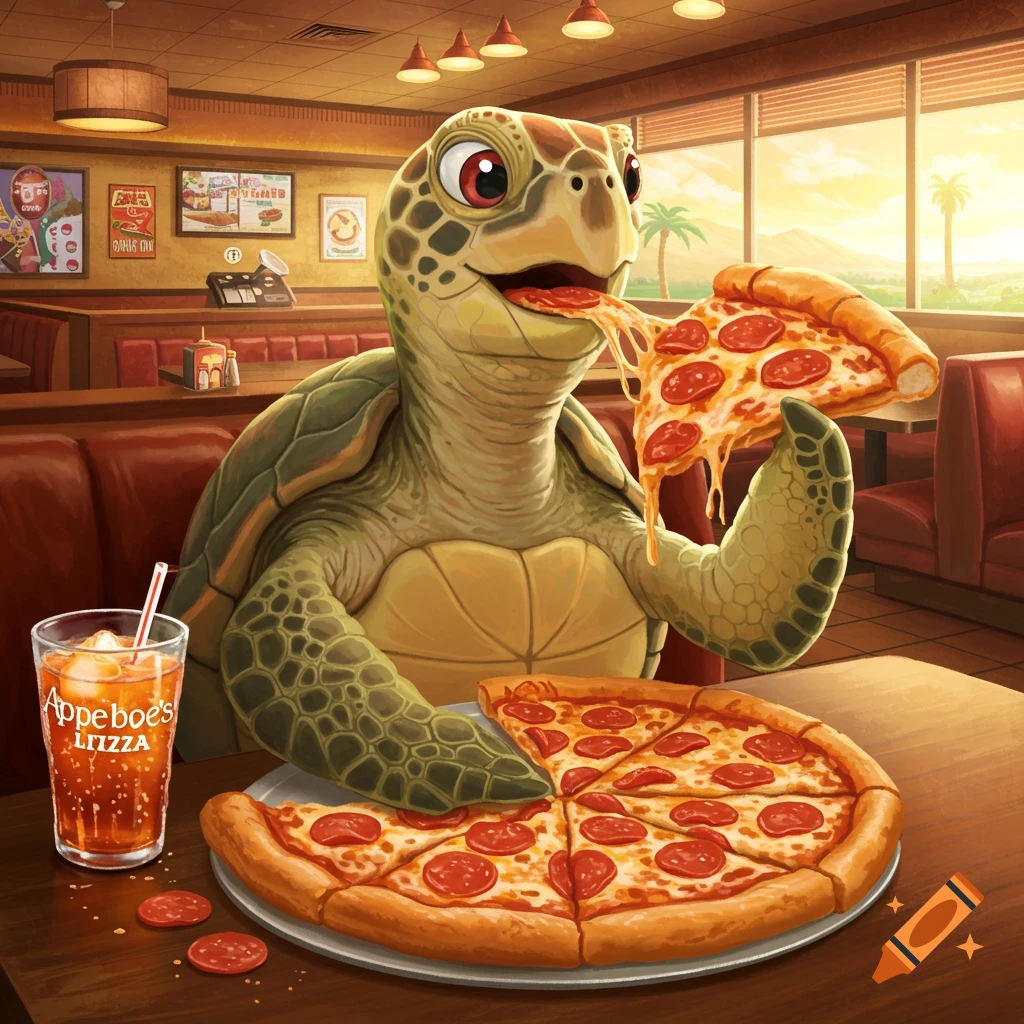 Sea turtle eating pizza at Applebees on Craiyon