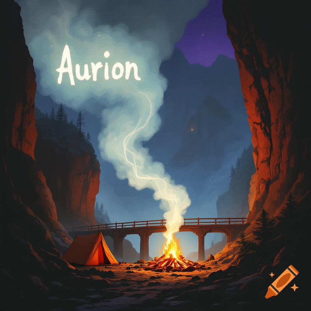 A campfire burns beside a tent in a rocky landscape at night, with a ...