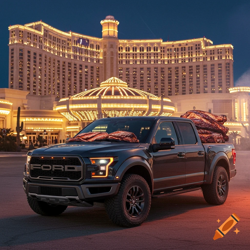 Ford Raptor truck with briskets in bed in front of casino on Craiyon