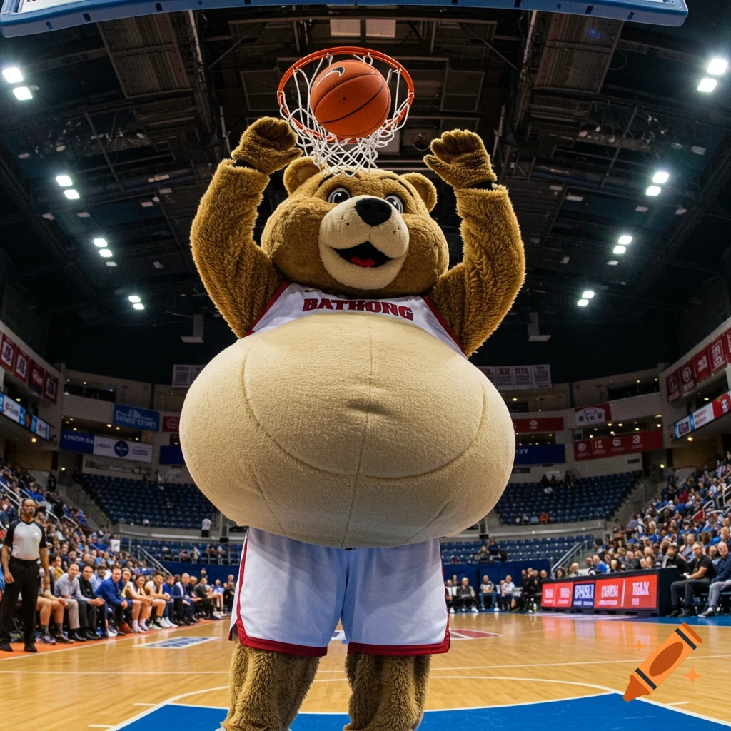 A large bear mascot in a basketball uniform attempts to dunk a ...