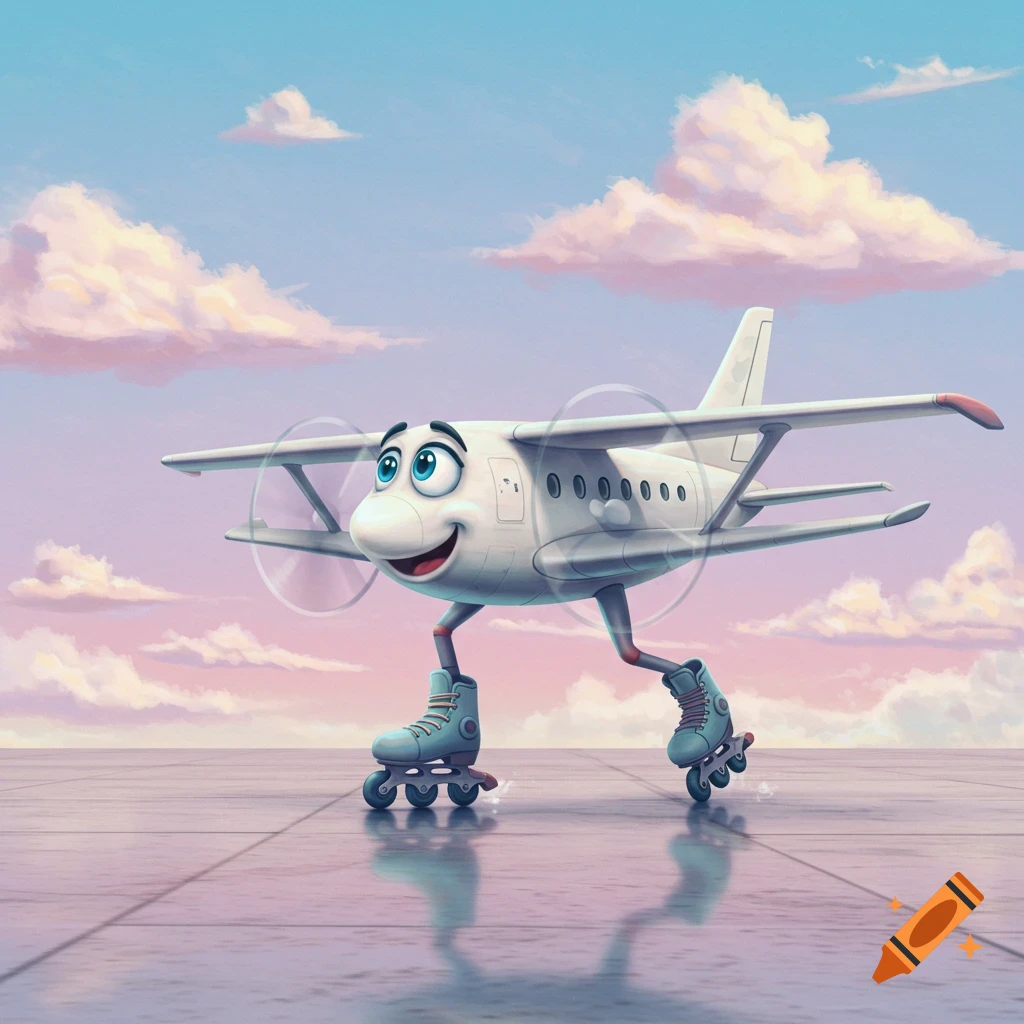 A cartoon airplane with a face skates on roller skates on pavement ...