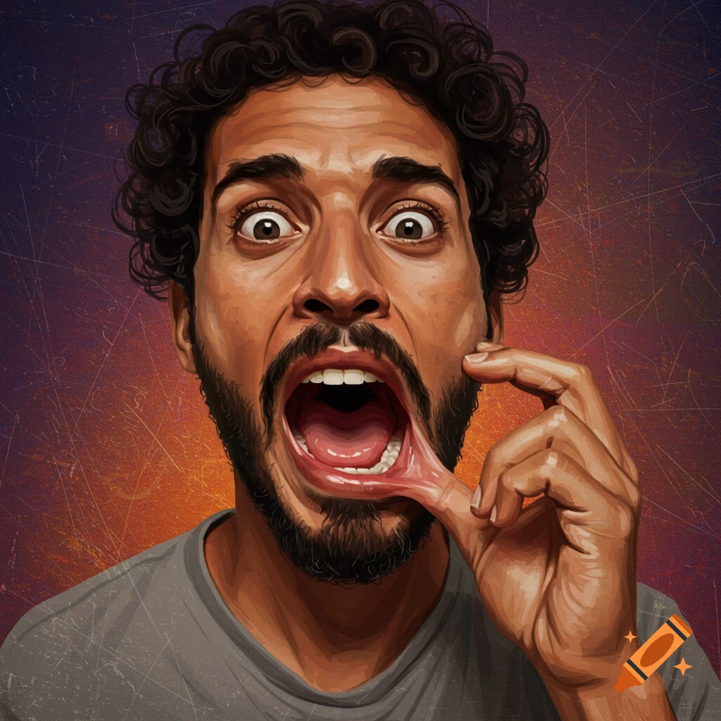 A man with a surprised expression, pulling his cheek open to show his ...