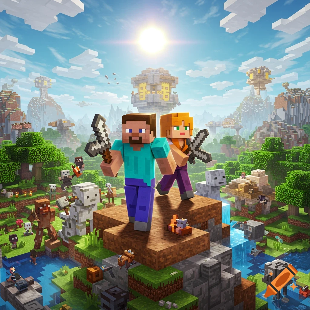Steve and Alex stand with a sword and bow in a Minecraft world sunset ...