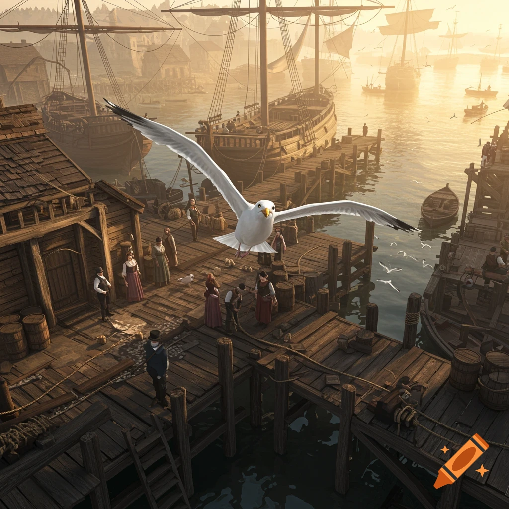 Overhead view of a seagull flying over 1800s docks on Craiyon