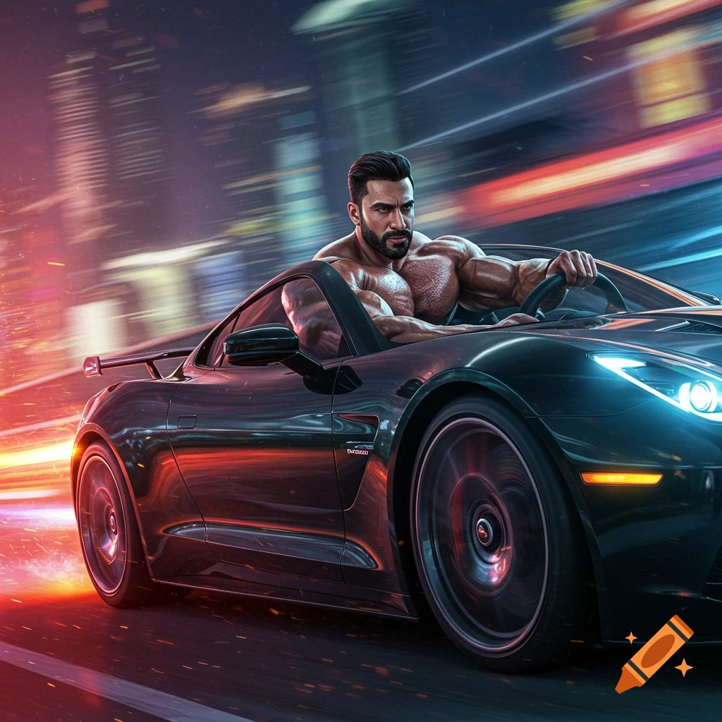 Charismatic bodybuilder in black riding a sports car at high speed on ...