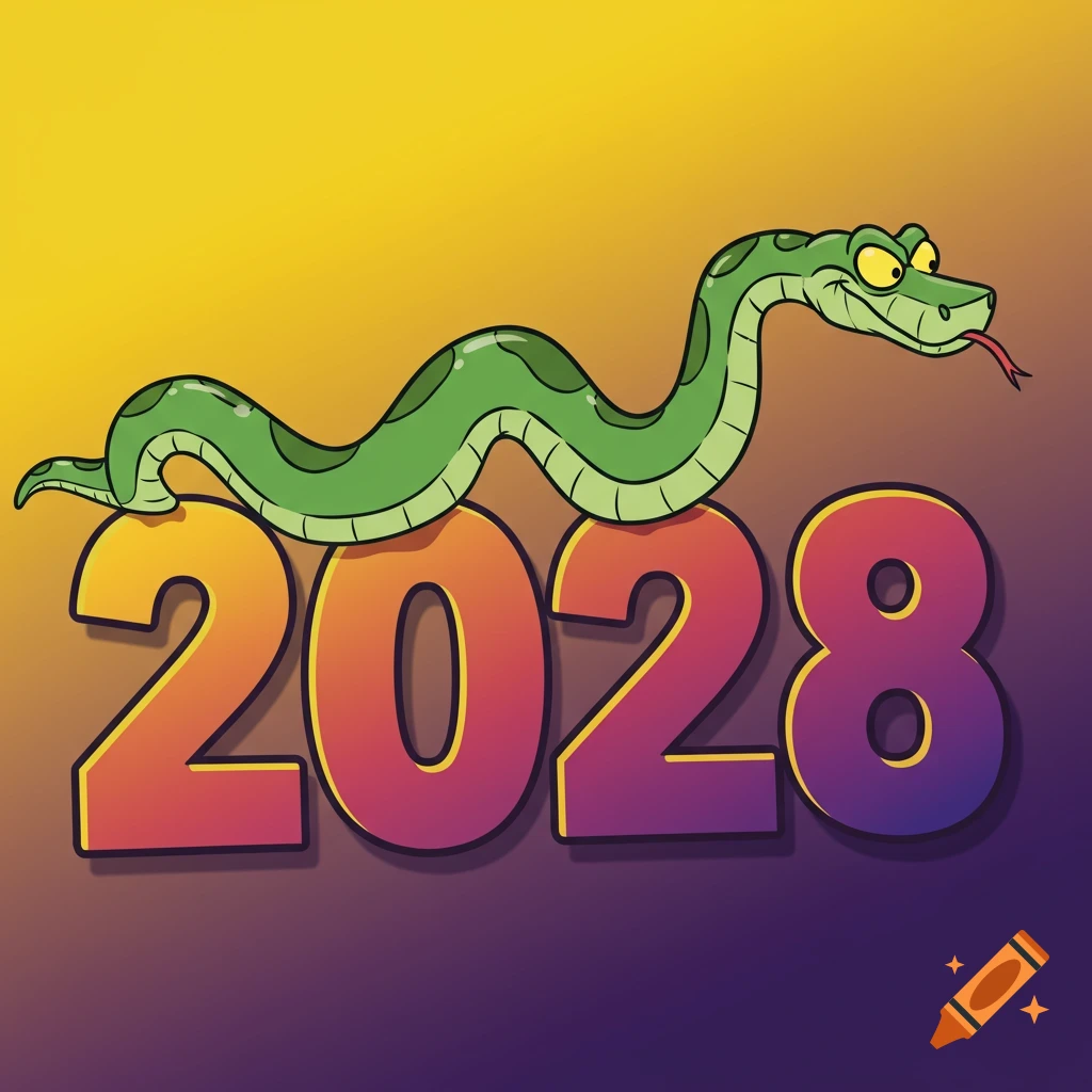 A cartoon green snake slithering on the numbers 2028. on Craiyon
