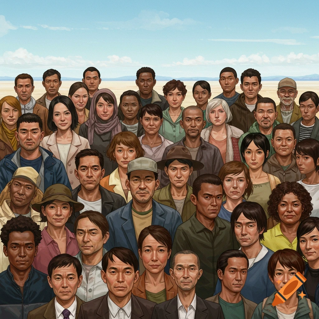 A large, diverse crowd of people standing together in an outdoor landscape under a blue sky. on ...