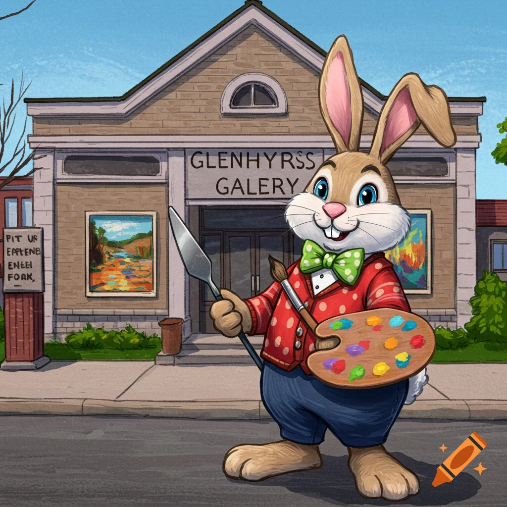 Easter bunny with paintbrush and palette knife at Glenhyrst Art Gallery ...