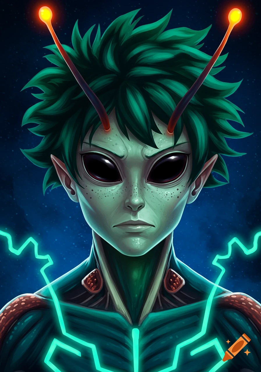 Deku as an alien with green eyes, black antennae, and pale green skin ...