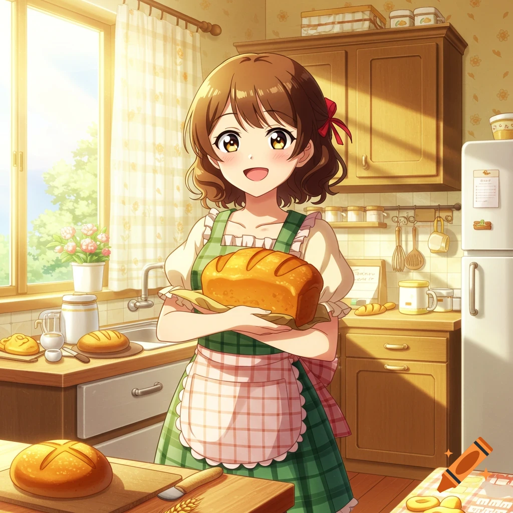 Anime woman holding a loaf of bread in a sunny kitchen on Craiyon