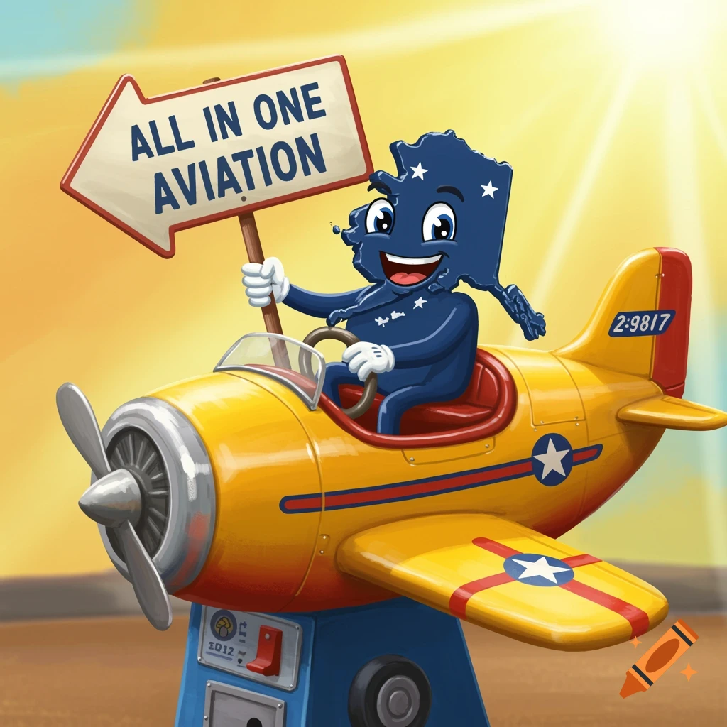 Cartoon character Alaska with All in One Aviation sign in toy airplane ...