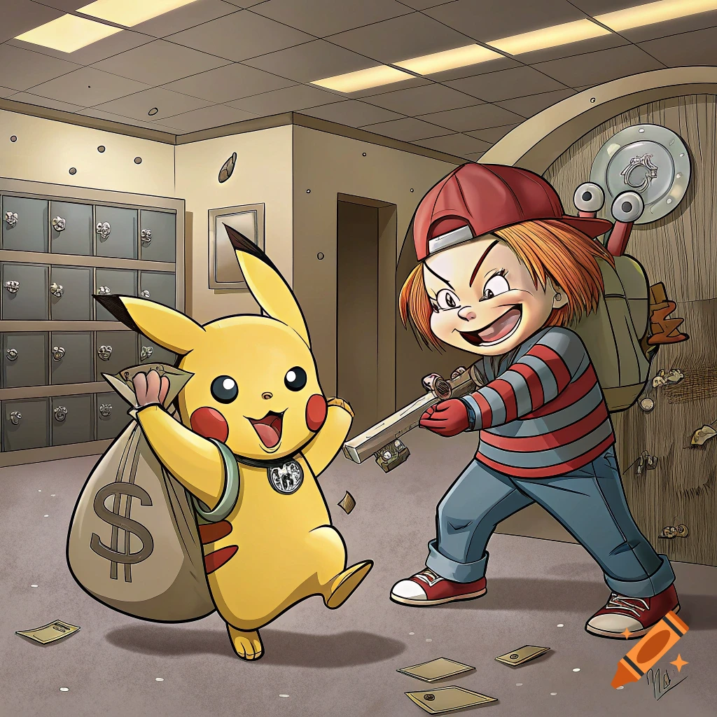 Pikachu and Chucky robbing a bank on Craiyon