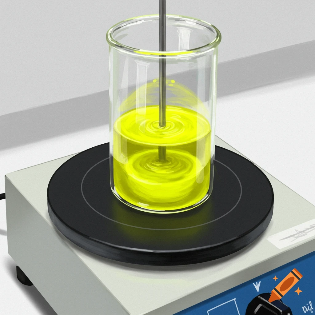 Reaction vial with yellow substance on magnetic stirrer on Craiyon
