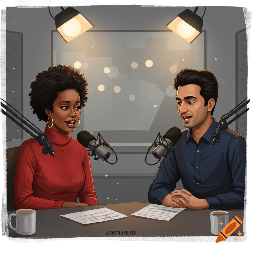 Cartoon of a diverse man and woman hosting a podcast in a recording ...