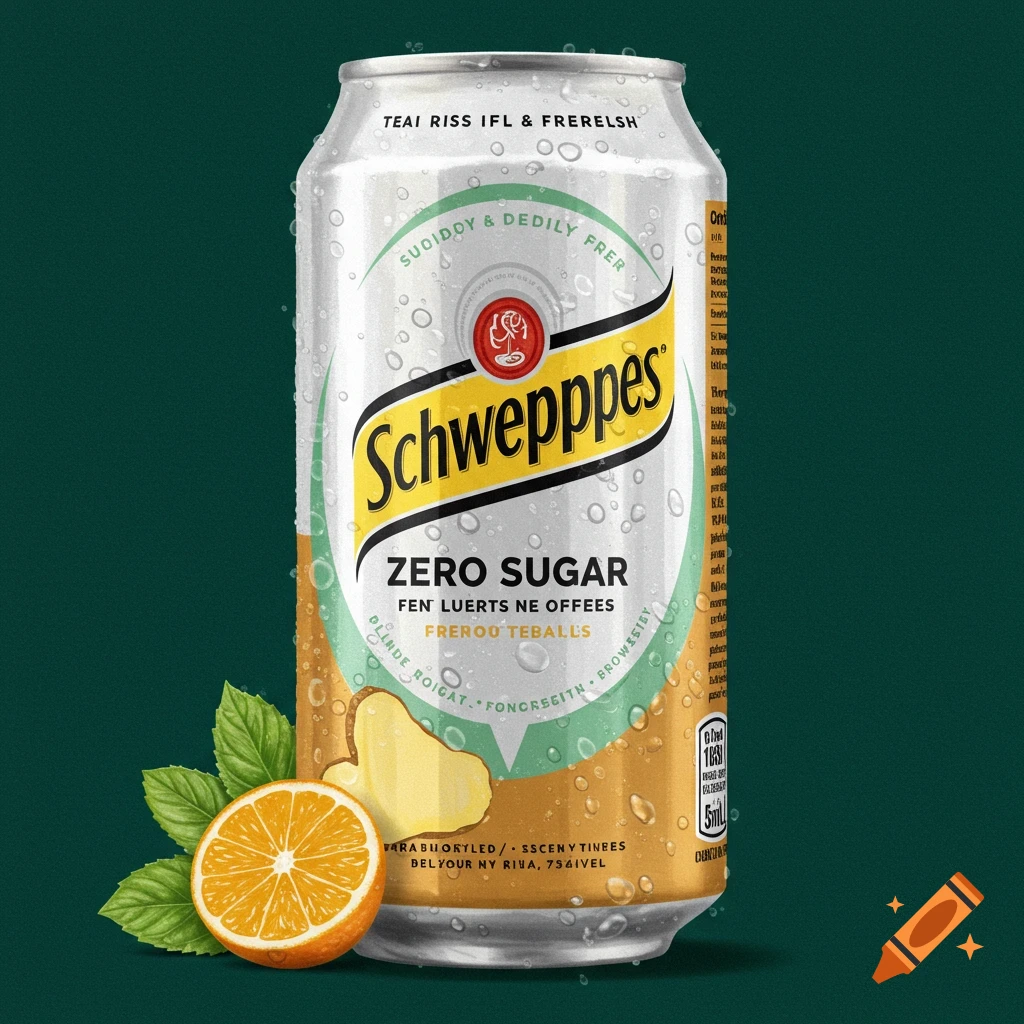 A cold Schweppes Zero Sugar can with condensation, an orange slice, and ...