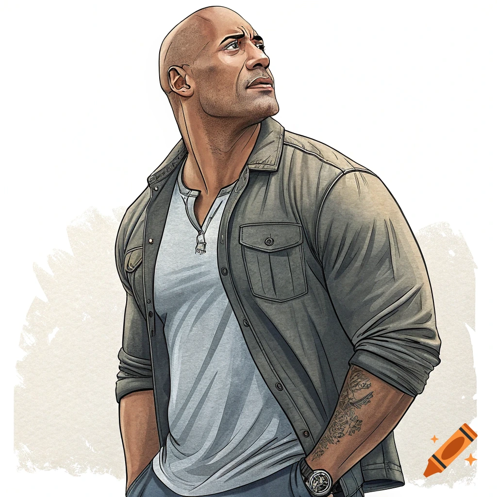 Illustrative portrait of Dwayne Johnson looking up, hands in pockets on ...