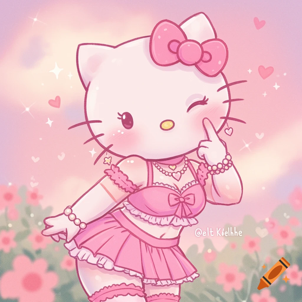 A cute, cartoon illustration of Hello Kitty with a pink bow and dress ...