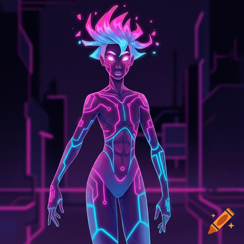 An undead elf woman with white hair and glowing eyes in a black sci-fi ...