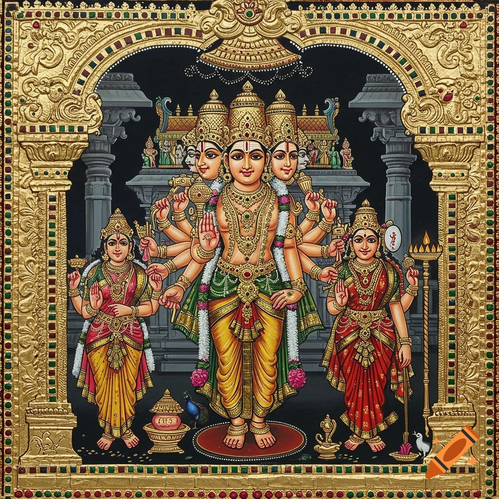 Tanjore painting of a Hindu deity with multiple heads and arms, flanked ...