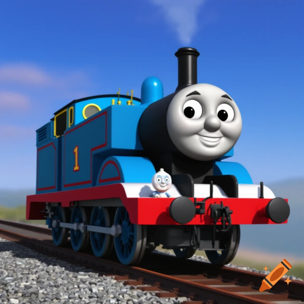 CGI render of Thomas the Tank Engine on train tracks with a small ...