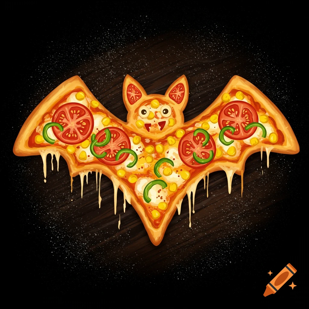 A pizza shaped like a bat with toppings and dripping cheese on a dark ...