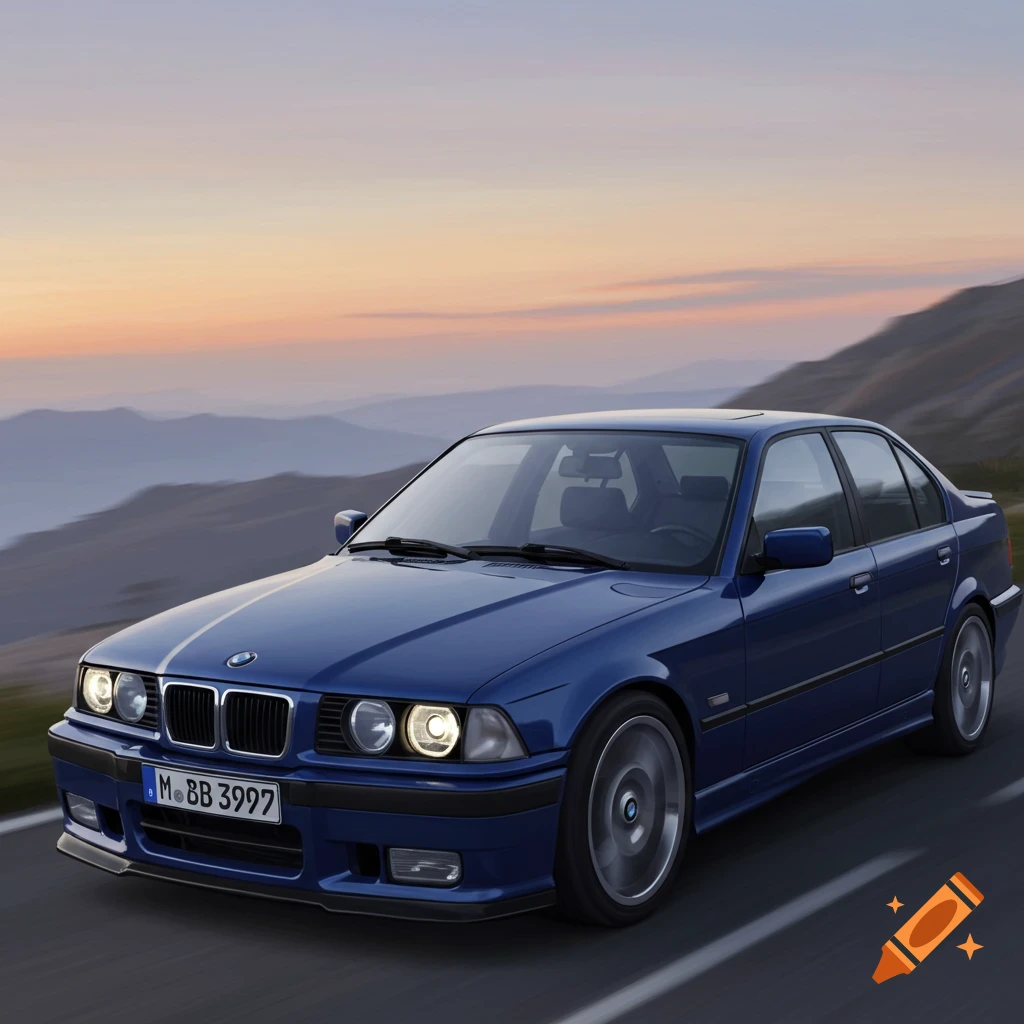 Blue BMW sedan on a road with mountains on Craiyon