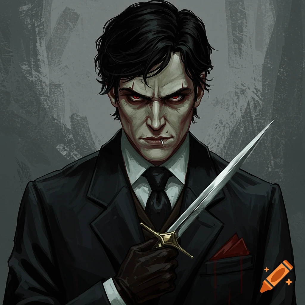 French assassin with short black wavy hair and sharp angular face on ...