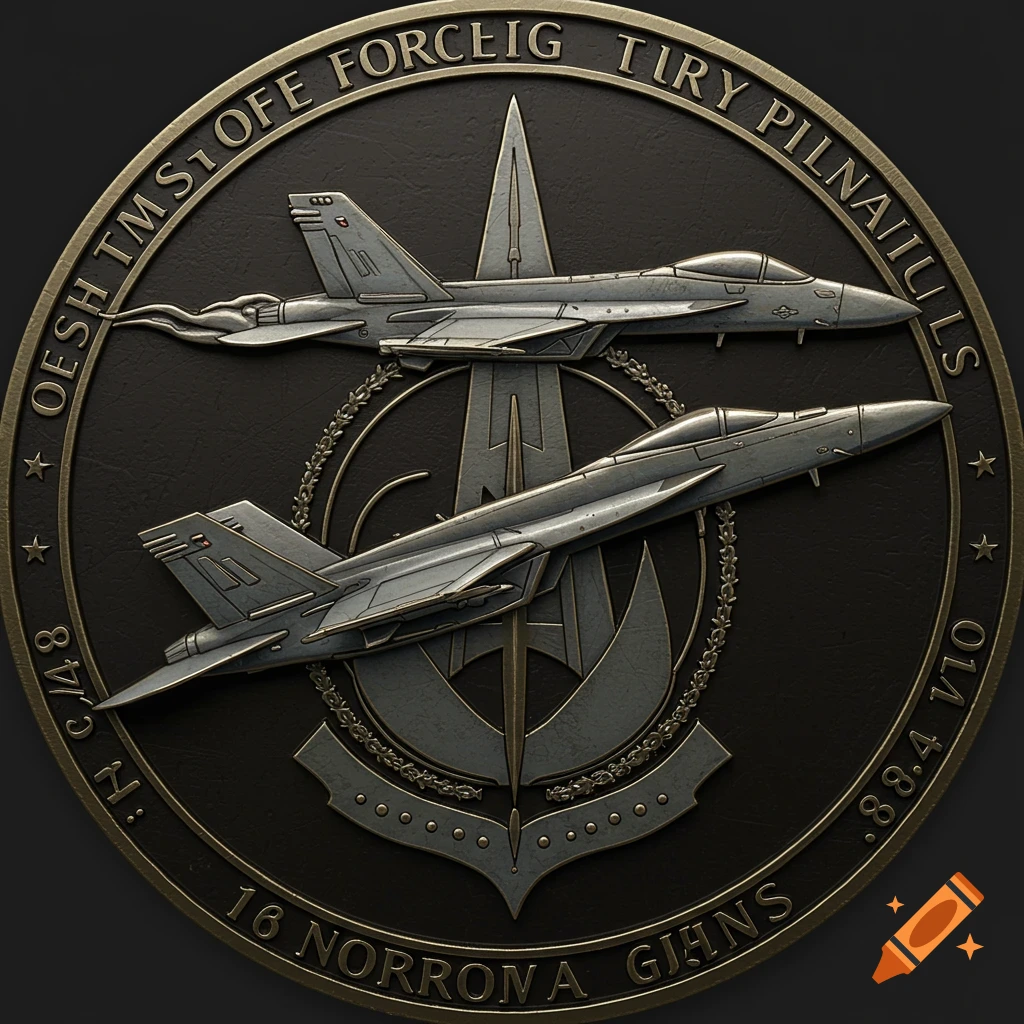 Metallic medallion with a military vehicle, a horse, three buckets, and ...