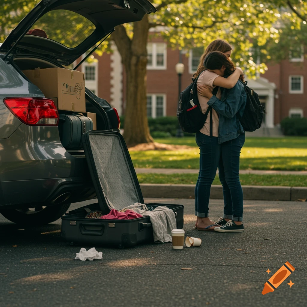 Packed car trunk, open suitcase, farewell hug on campus. on Craiyon