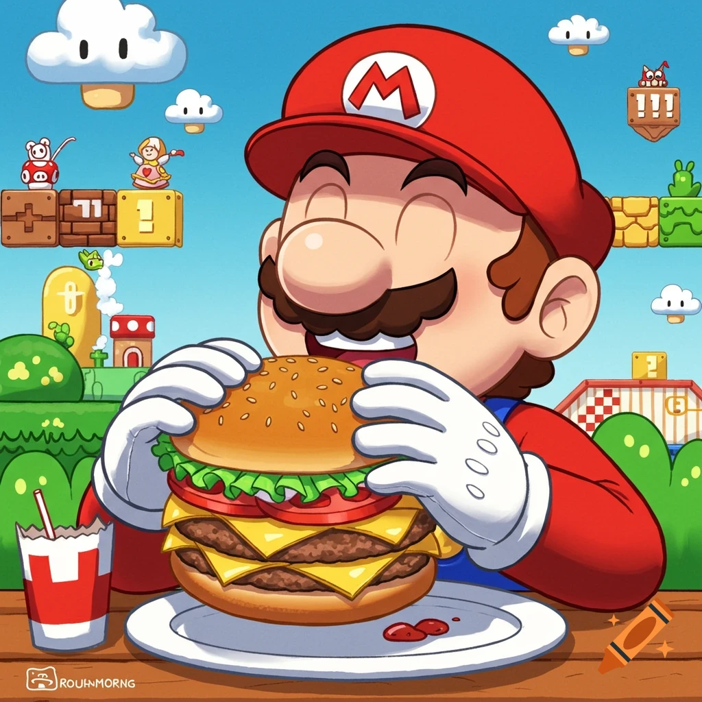 Mario happily eating a large hamburger in a Super Mario Bros. style ...