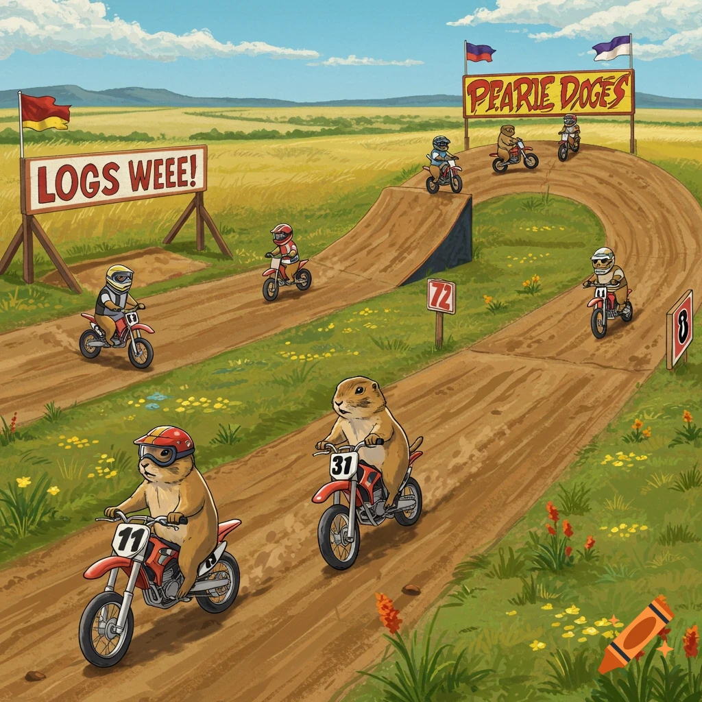Illustration of cartoon prairie dogs racing dirtbikes on a track. on ...