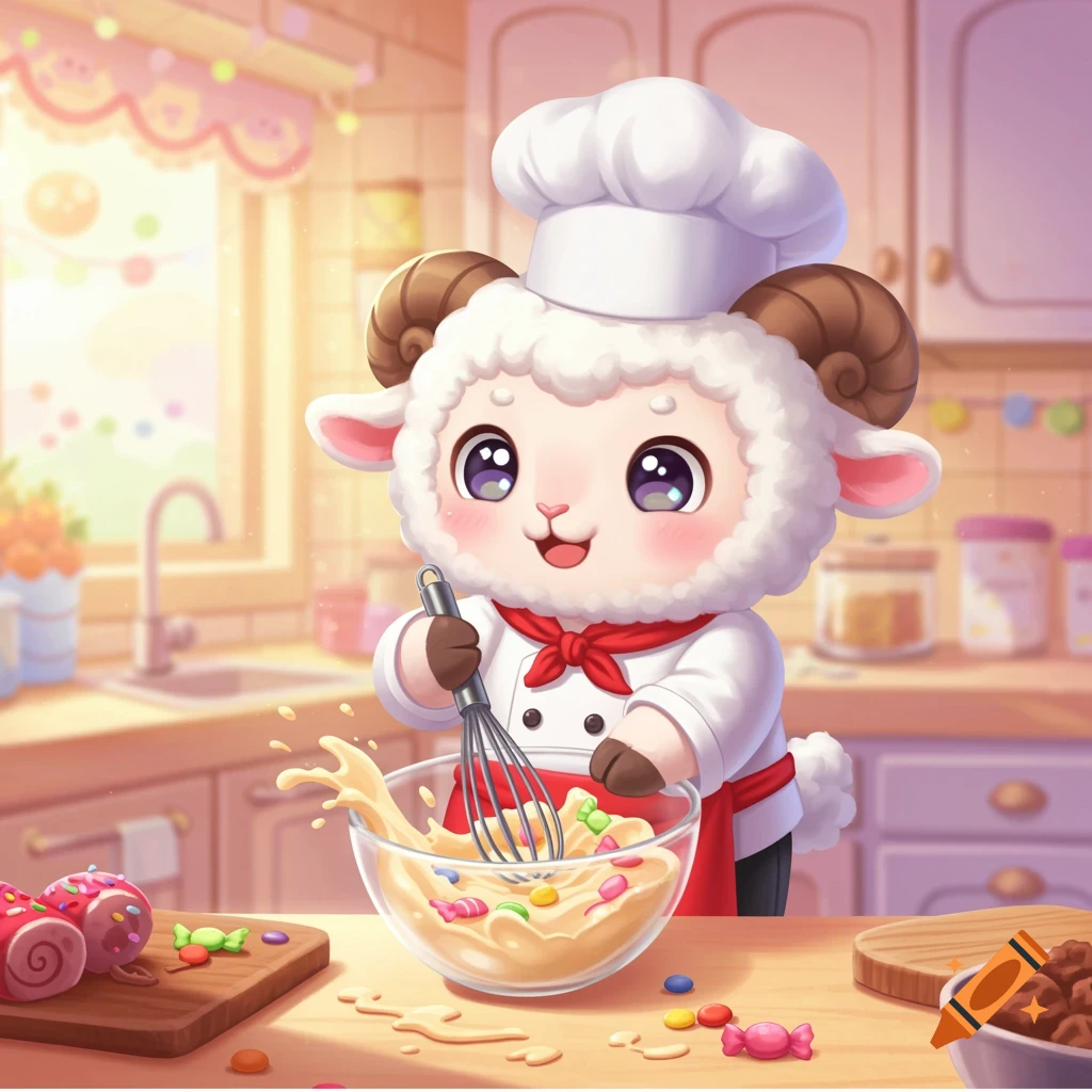 Cute cartoon lamb chef whisking ingredients in a whimsical kitchen. on ...