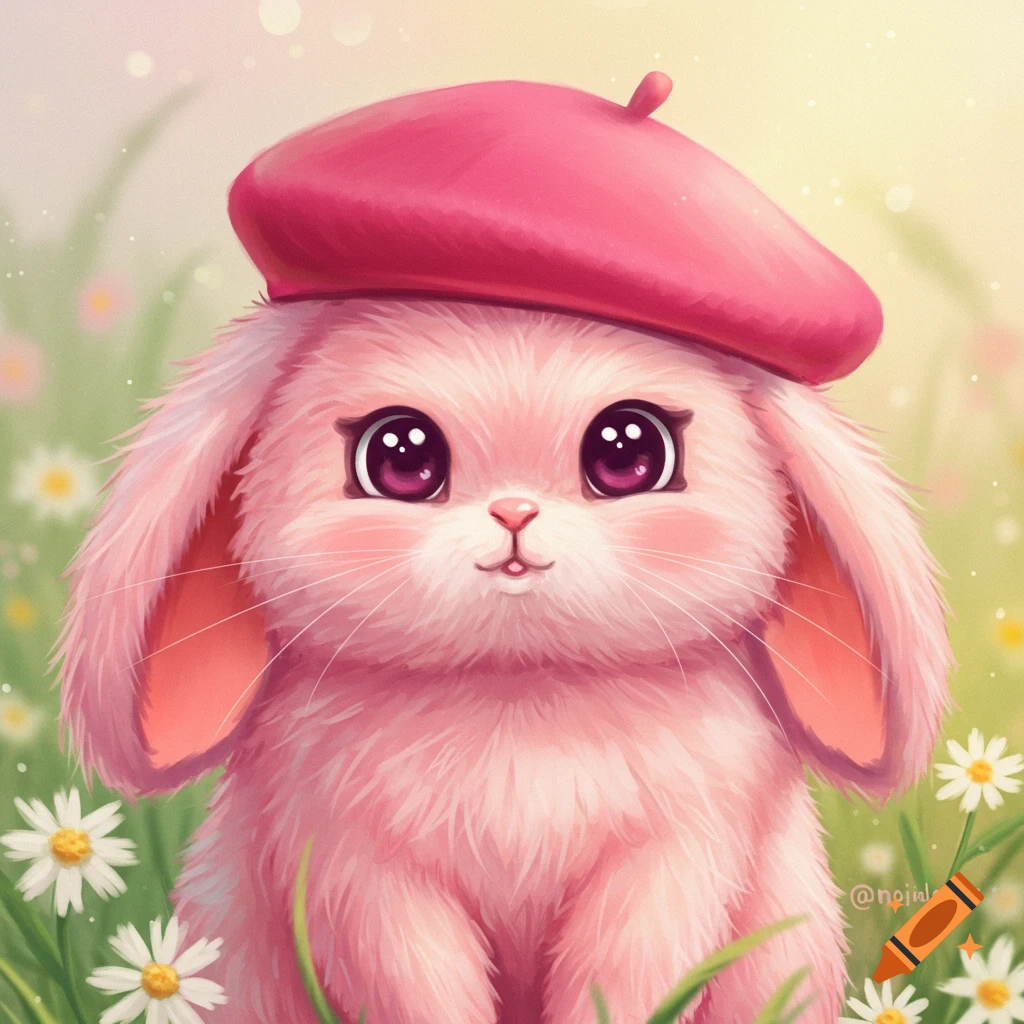 A cute pink bunny wearing a pink beret sits in a field of flowers. on ...