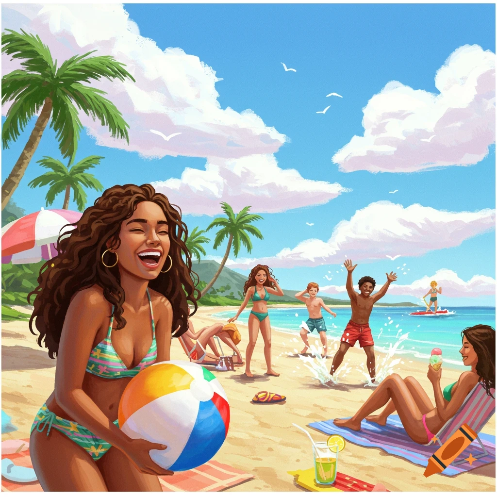 People enjoying a sunny beach day with a beach ball. on Craiyon