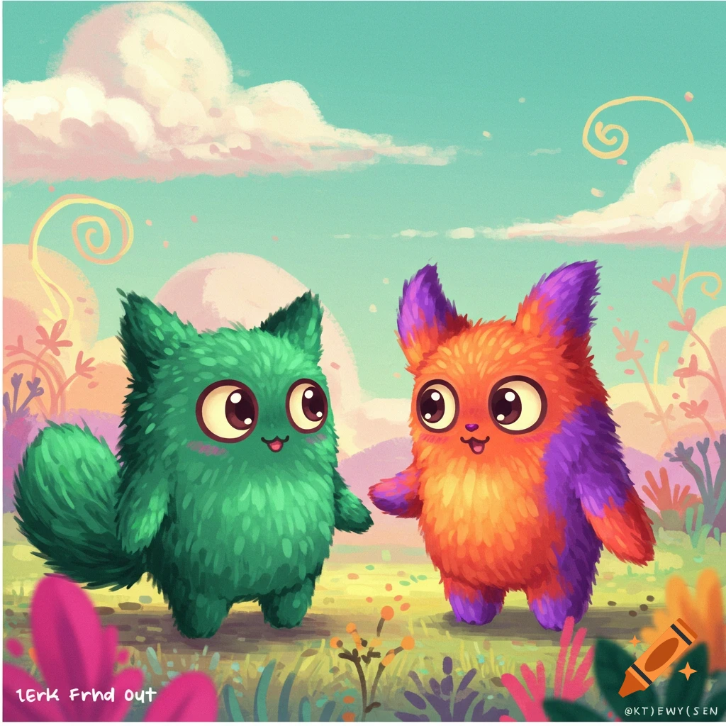 Two cute, fluffy monsters in a colorful, stylized landscape. on Craiyon
