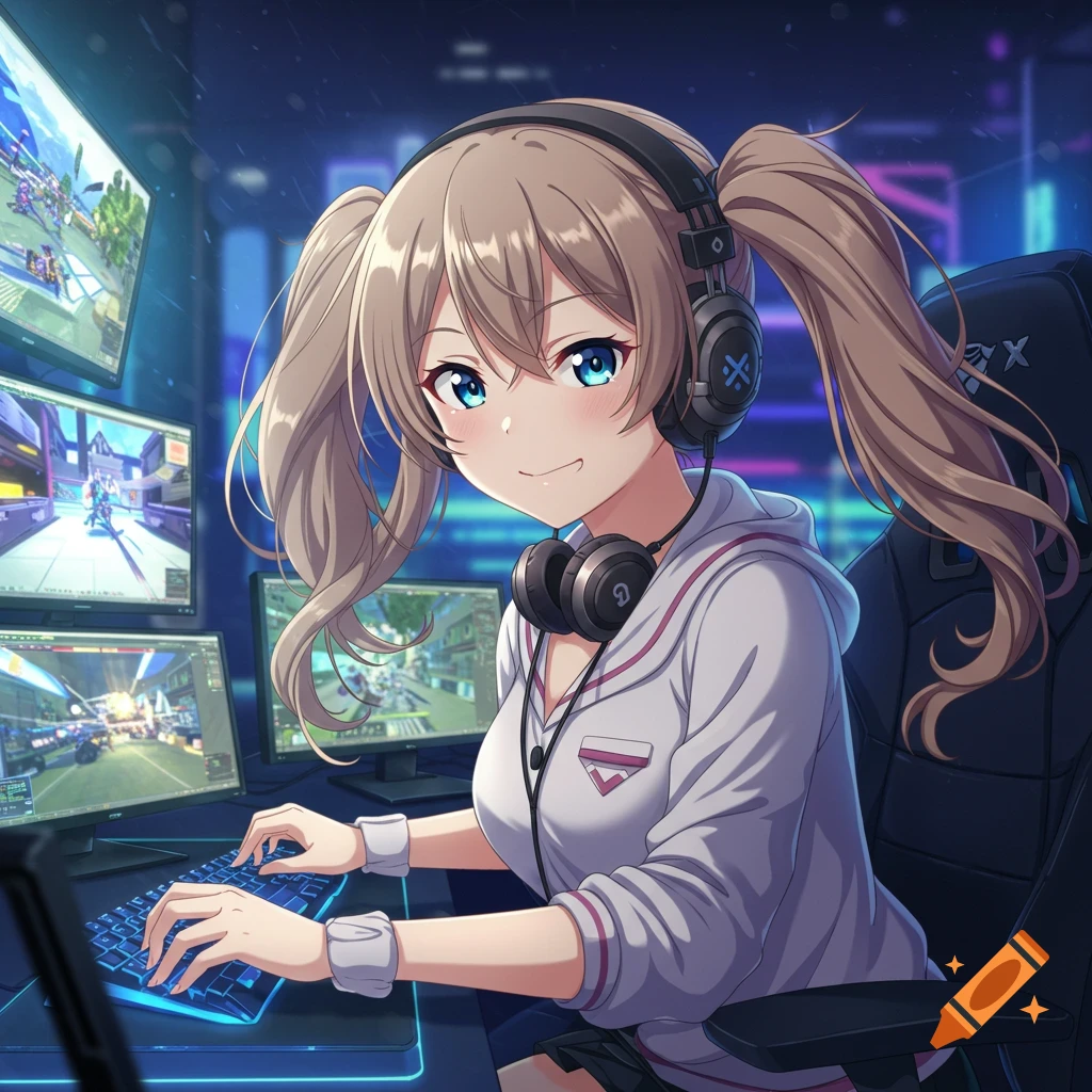 Anime girl with pink hair and pigtails playing video games on Craiyon