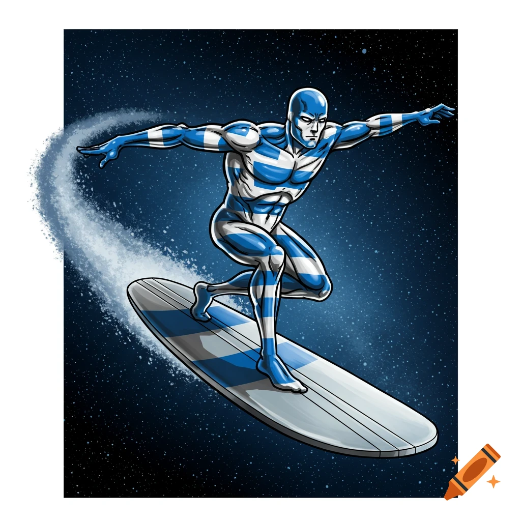 Silver Surfer-like figure with Greek flag skin pattern surfing through ...