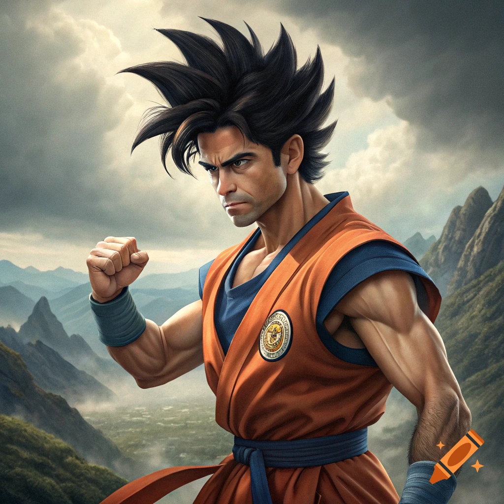 Man resembling Goku in orange martial arts gi clenches fist in ...
