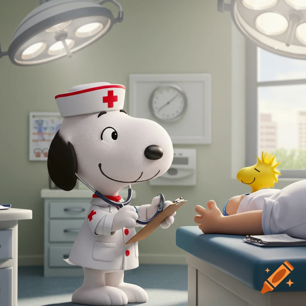Snoopy dressed as a nurse examines Woodstock in a doctor's office on ...