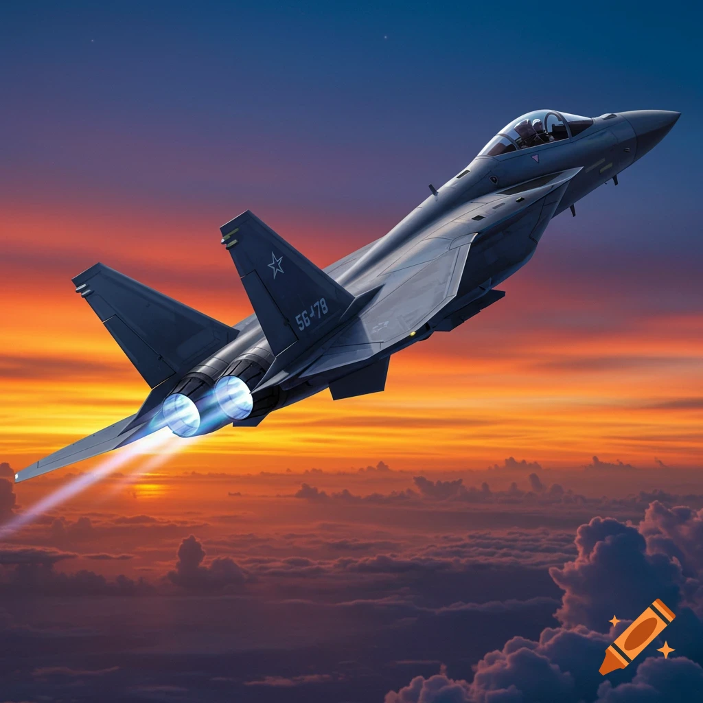 A fighter jet flying into a colorful sunset over mountains. on Craiyon