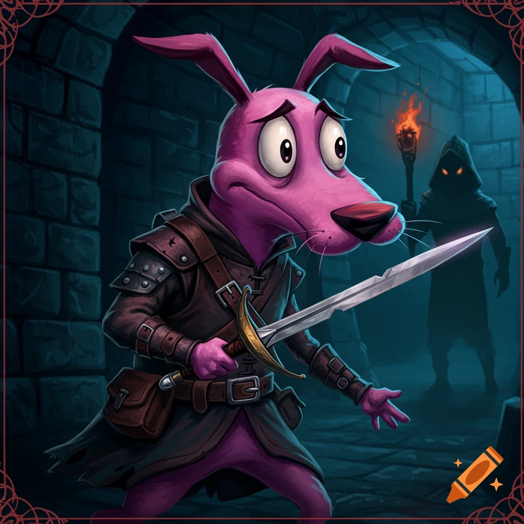 Courage the Cowardly Dog dressed as a rogue holding a sword in a dark ...